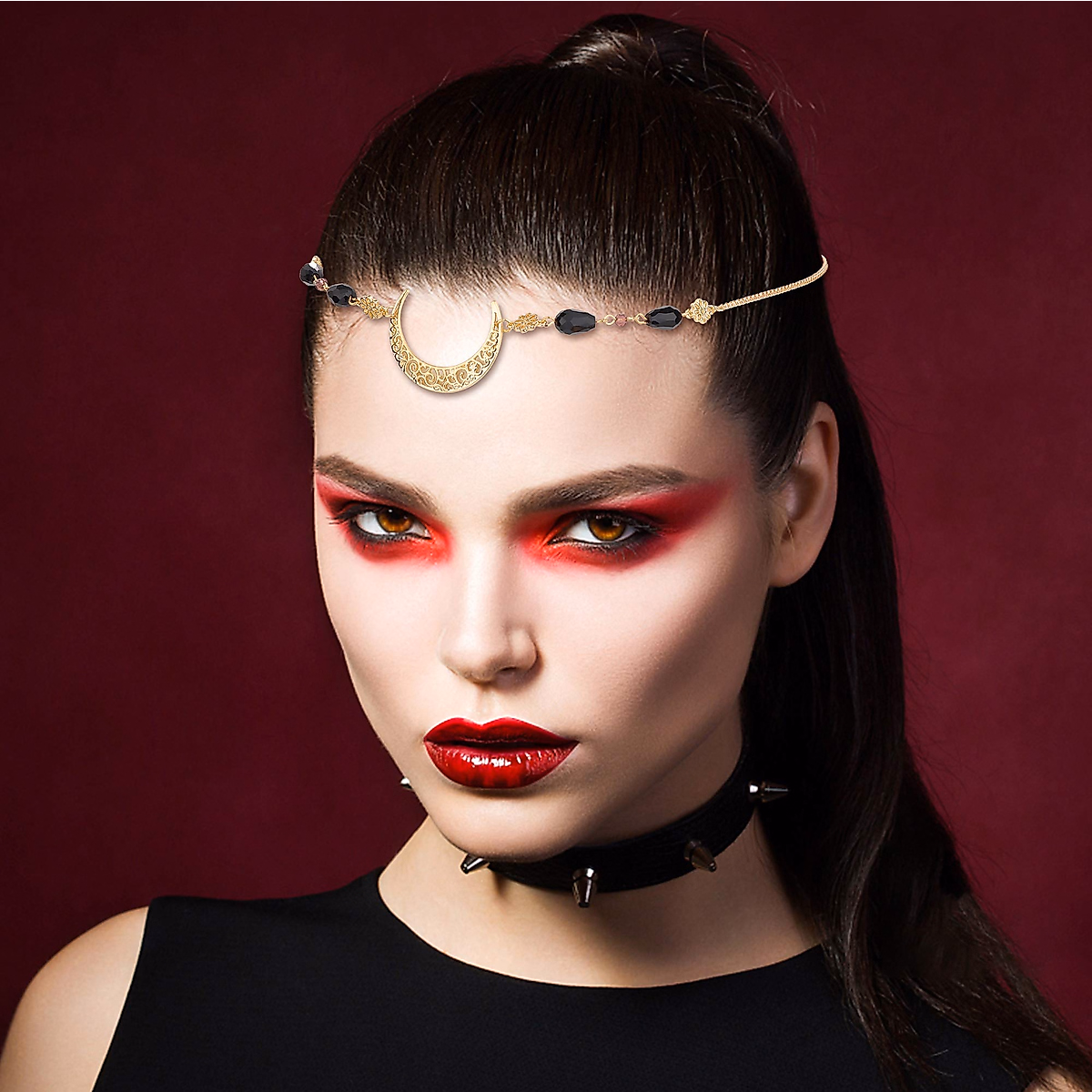 LOYALLOOK 6PCS Gold Head Chain Jewelry Boho Headband Head Chain Coins Crystal Moon Tassel Chain Hair Band Bridal Wedding Halloween Hair Headpiece for Women A