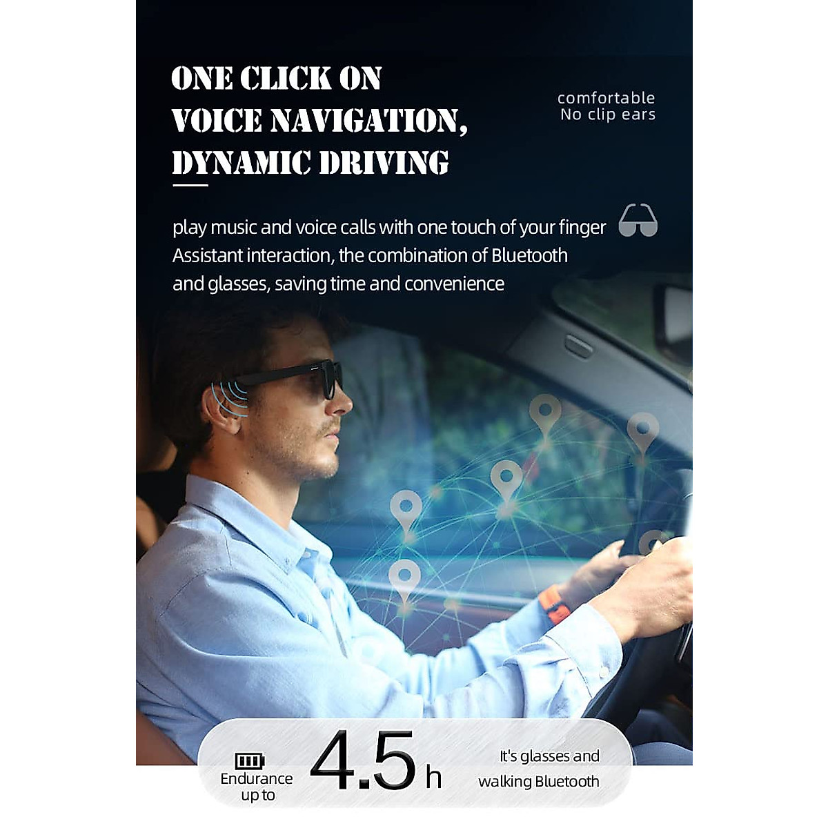 Smart Music Call Glasses Waterproof and Dustproof Anti -Blue Light Navigation Intelligent Voice Siri Awakening Sunglasses ABS Frame Personalized Headset (Round-Sunglasses)