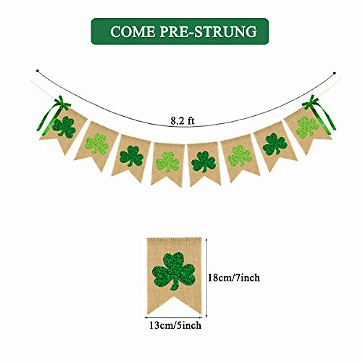 CAVLA Glittery Shamrock Burlap Banner St. Patrick's Day Green Shamrock Clover Banner Garland with Bows Saint Patrick's Day Party Decorations for Irish Lucky Day St. Patty’s Day Home Outdoor Decor
