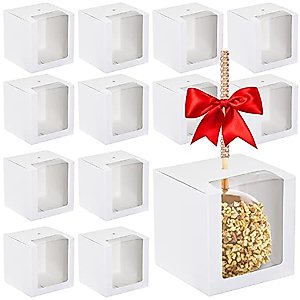 100 Pcs Candy Apple Boxes with Hole Caramel Apple Boxes 4 x 4 x 4 Inch Apple Gift Box Cookies Chocolate Apple Container with Clear Window for Harvest Autumn Party Wedding Baby Shower (White)
