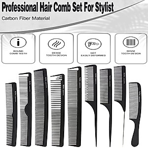 CestoMen 9pcs Carbon Fiber Stylist Combs Set, Anti Static Hair Cutting Comb Salon Styling Hairdressing Carbon Combs Rat Tail Comb for All Hair - Black