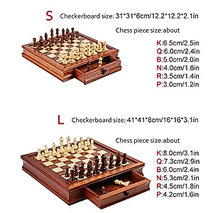 THPT High-end 16" Drawer Wooden Chess & Checker Set for Adults 2 Extra Queen Wooden Chessmen Classic Board Game Gift for Men Board Games (Size : L)