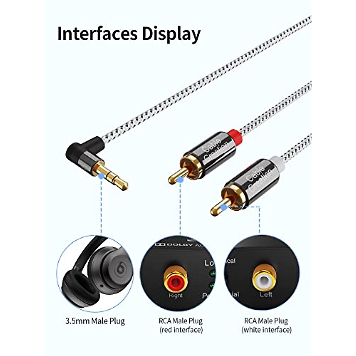 CableCreation 3.5mm to RCA Cable 10FT, Angle 3.5mm Male to 2RCA Male Auxiliary Stereo Audio Y Splitter Gold-Plated for Smartphones, MP3, Tablets, Speakers, Home Theater, HDTV, 3M