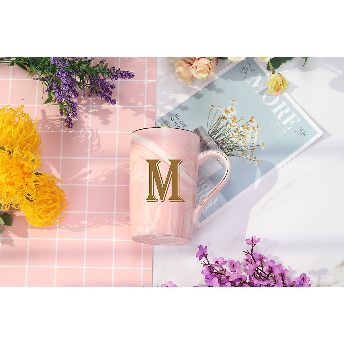 Letter M Personalized Initial Mug, Letter M Personalized Marble Coffee Mug, Letter Coffee Mugs for Women, Bridal Shower Gifts, Man and Women's Initials Gifts Mug 14 Ounce Pink with Gift Box