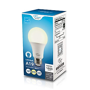 Euri Lighting EA19-15W2040e, LED A19 15W (100W Equivalent), 1600lm, Dimmable, 4000K (Bright White) E26 Base, Fully Enclosed Rated, Damp Rated, UL & Energy Star, 3YR 25K HR Warranty