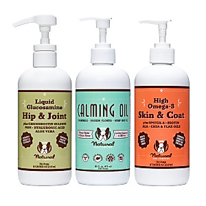 Natural Dog Company Wellness Bund$le for Dogs, Food Toppers, Liquid Supplements with (1) Skin & Coat Oil, (1) Liquid Glucosamine, (1) Calming Oil