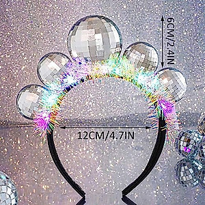 Catery Disco Ball Headband Light Up Headband Disco Headpiece Silver Mirror Ball Head Bopper Hair Hoop Headband Disco Party Costume 1970s Disco Hair Accessories for Women and Girls