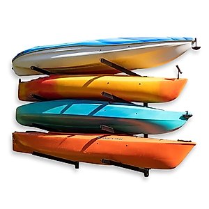 StoreYourBoard Outdoor 4 Kayak Storage Rack, Wall Mount, Holds 400 lbs, All Weather Heavy-Duty Metal Organizer, Adjustable Levels