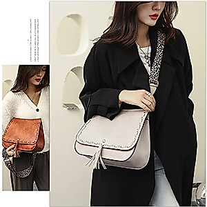 Women Shoulder Crossbody Purse with Wide Guitar Strap, Tassel Design Handbags Vintage Satchel Purse, Off White