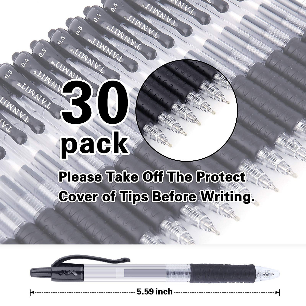 TANMIT Black Gel Pens, Retractable Roll Ball Gel Pen, 30 Black Pens Fine Point With Comfortable Grips for Smooth Writing