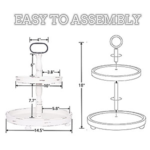 MAONAME Distressed White Tiered Tray, Wooden 2 Tier Tray with Metal Handle, 14.5" x 14.5" x 18", Farmhouse 2 Tier Tray Decor, Rustic Two Tiered Tray for Seasonal Decorations