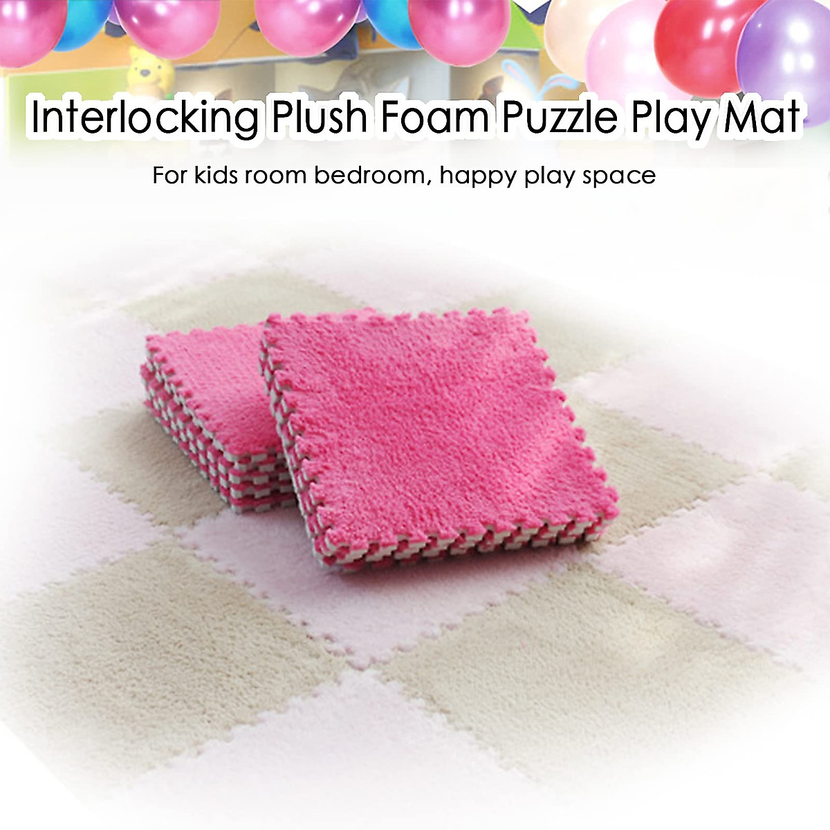 16 Pcs Interlocking Carpet Square Tiles with Border, Plush Puzzle Play Mats, Thick Fluffy Foam Floor Mats for Playoom Area Rug - 12" X 12"(Color:Light Blue+Beige)