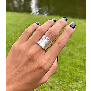 Hammered Sterling Silver Handmade Wide Band Ring, Classic Shiny Finish Wrap Band, Adjustable to Sizes 6-12, Can fit Also as Thumb ring, Gift for Her