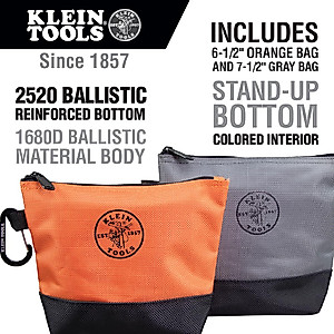 Klein Tools 55470 Utility Bag, Stand-Up Zipper Tool Bags, Tough 1680d Ballistic Weave, Reinforced Bottoms, Orange/Black, Gray/Black, 2-Pack