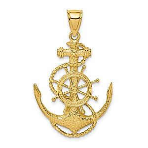 Solid 14k Yellow Gold 2-D ANCHOR and WHEEL Charm Pendant - 38mm x 24mm
