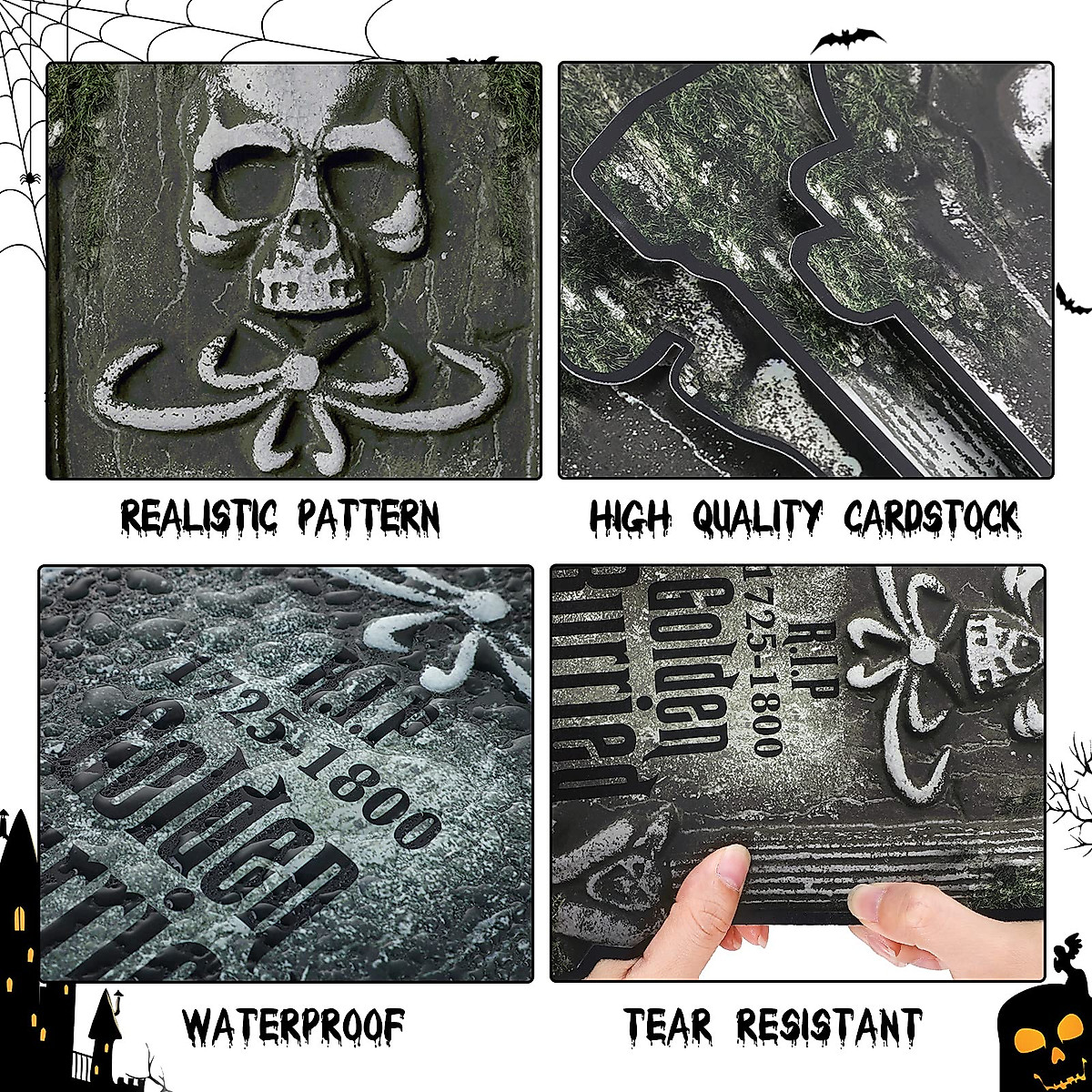 Clabby 9 Pieces Halloween Tombstone Cutouts Halloween Graveyard Tombstone Cutouts Headstone Cutouts with Skeleton and Cross Halloween Party Wall Decorations Halloween Party Haunted Home Supplies