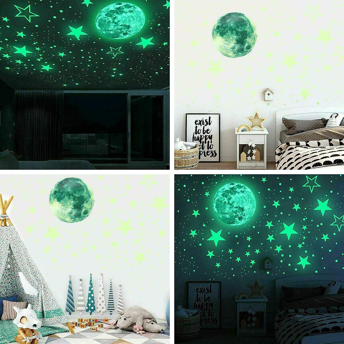 Homics Glow in The Dark Moon and Stars for Ceiling Nursery Wall Decals Stickers Luminous at Night for Kids Bedding Room