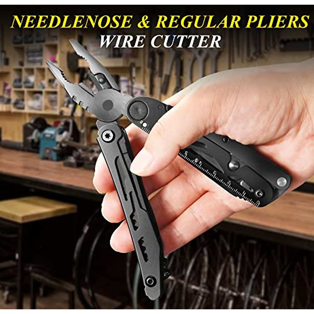 RoverTac Multitool Knife Camping Survival Knife Unique Gifts for Men Dad Husband 18 in 1 Multitools Knife Pliers Scissors Saw Corkscrew Bottle Opener 9-Pack Screwdrivers with Safety Lock Nylon Sheath