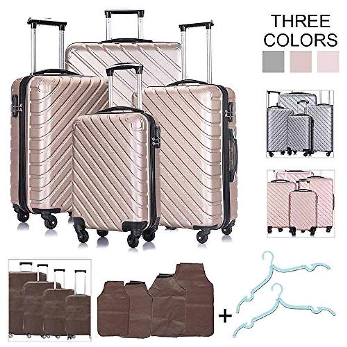 Apelila 5 Piece Hardshell Luggage Sets,Travel Suitcase,Carry On Luggage with Spinner Wheels Free Cover&Hanger Inside (Champagne Gold With Bag)