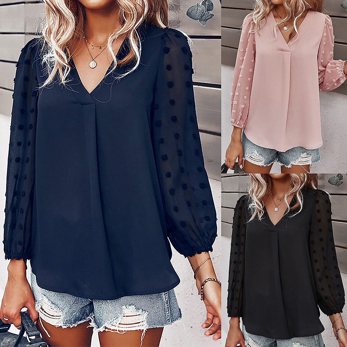 Wondere Summer Solid Color Tops Womens Chiffon Tunic V Neck Shirt Long Sleeve Tees Casual Polka Dot Blouse (XL, Pink)