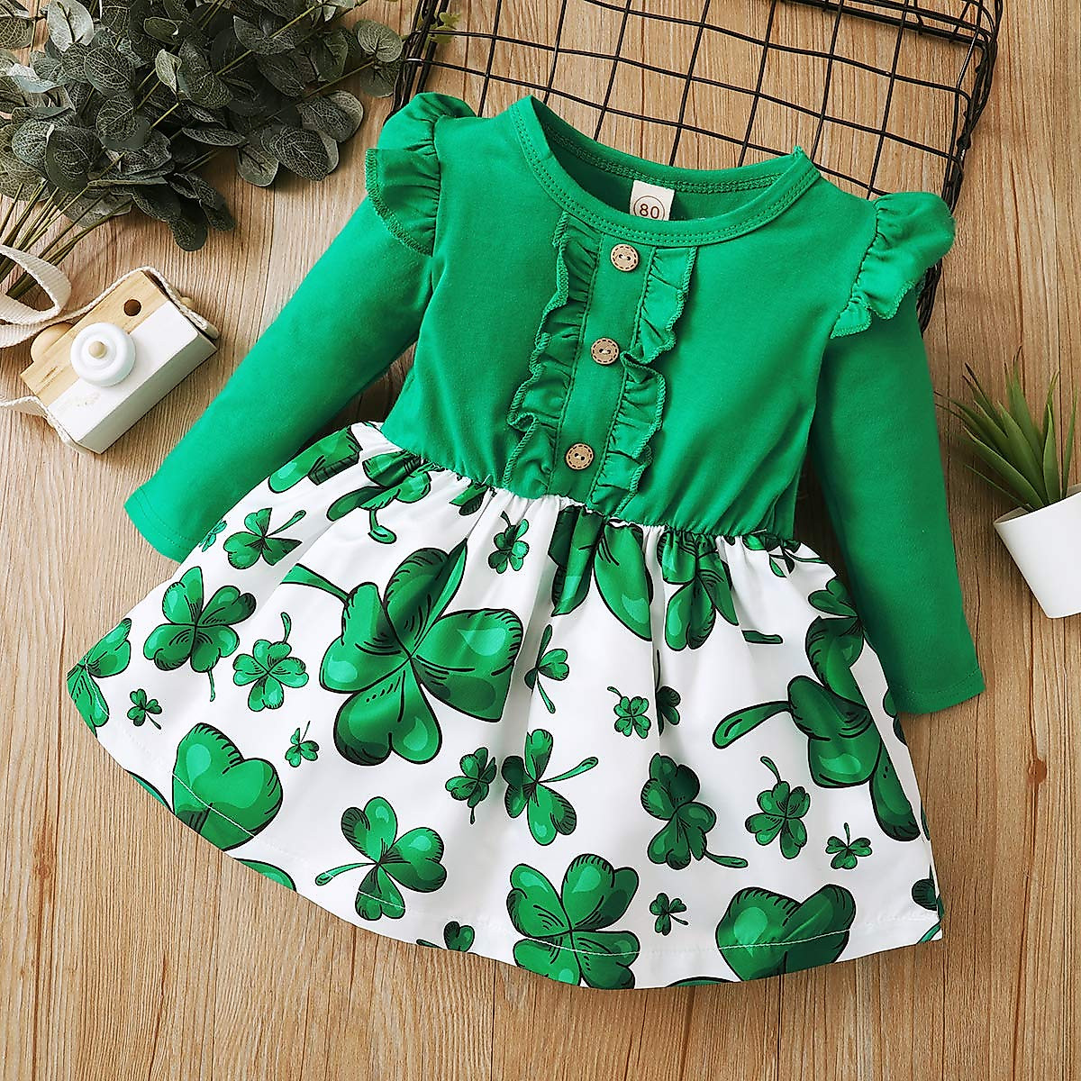 Toddler Baby Girl St. Patrick's Day Dress Ruffle Long Sleeve Top Lucky Clover Print Skirt Outfits (Green-, 18-24 Months)