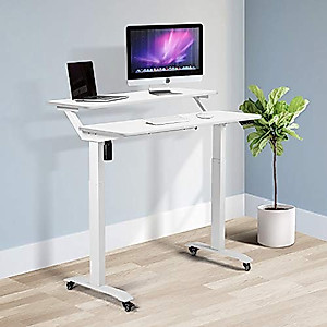 UNICOO - 2 Tier Electric Height Adjustable Standing Desk, Electric Standing Workstation Home Office Sit Stand Up Desk (White Top/White Leg - Electric- 2 Tier)