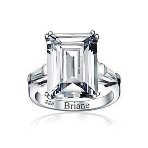 Bling Jewelry Art Deco Style Bridal Wedding Big 10CT AAA CZ Solitaire Emerald Cut Statement Engagement Ring For Women .925 Sterling Silver Cubic Zirconia Baguette Side Stones