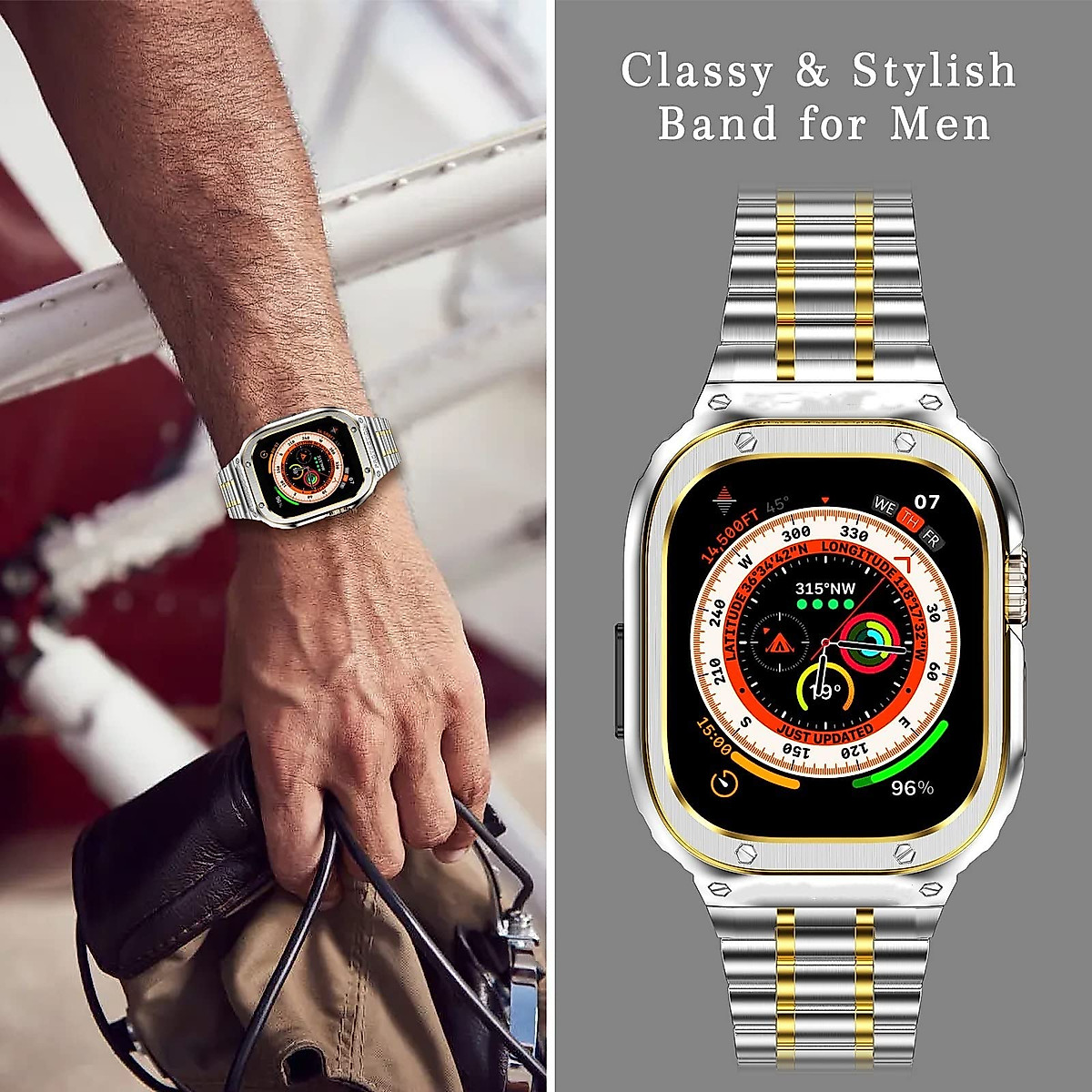 MioHHR Stainless Steel Watch Band with Case Compatible with Apple Watch Ultra 2 1(49mm),Rugged Strap with Metal Protective Bumper Cover for iWatch Band Men(Silver/Gold)