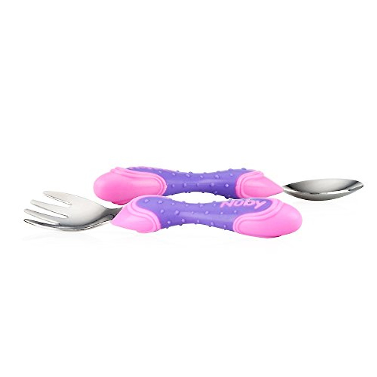 Nuby Stainless Steel Utensil, Pink/Purple, 2 Piece