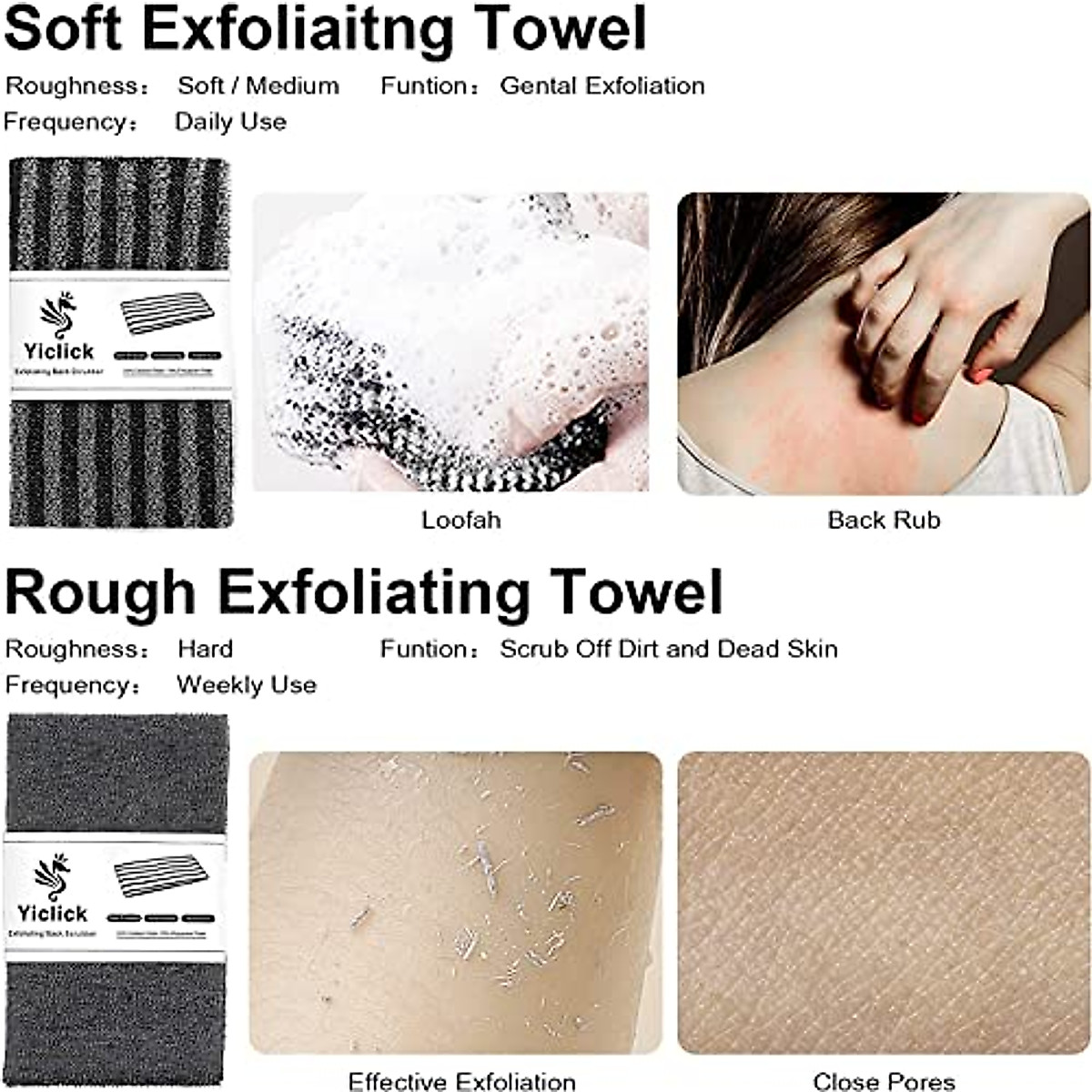 Yiclick 2 Pack Exfoliating Washcloth Towel - Exfoliating Body Scrubber Exfoliator, Loofah Sponge Wash Cloth, Korean & Japanse & African Net Sponge Rag - Soft+Rough Back Scrubber Washer for Shower Bath