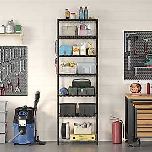 SONGMICS 7-Tier Metal Storage Shelves, Wire Shelving Unit, Adjustable Shelves, Garage Shelving, Kitchen, Living Room Storage Rack, Shelf Liners, 8 Hooks, Total Max. Load 616 lb, Black ULGR067B01