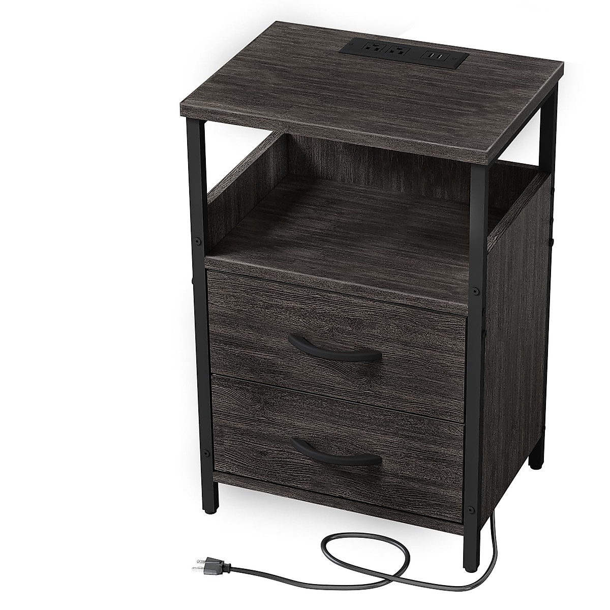 KHLJJU Nightstand with Charging Station, End Table Fabric-Wood 2-in-1 Drawer, Side for Small Spaces, Grey Bedside Tables USB Ports and Outlets Living Room, Bedroom, Office, KHL-BC-Hui-A