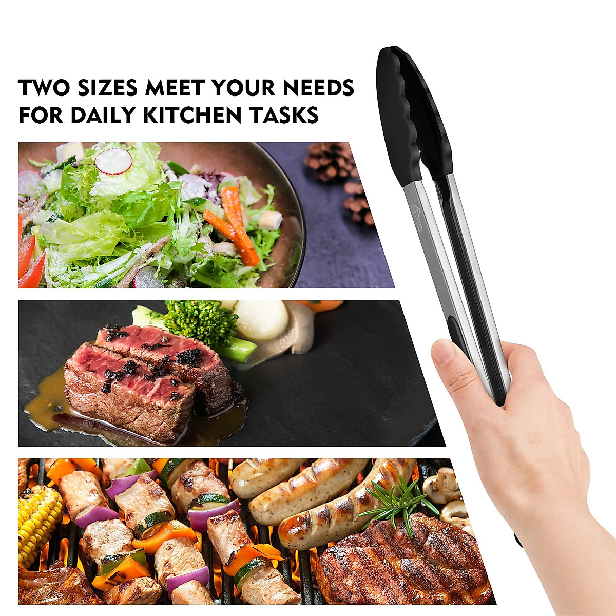 HOTEC Premium Stainless Steel Locking Kitchen Tongs with Silicon Tips, Set of 2-9" and 12"