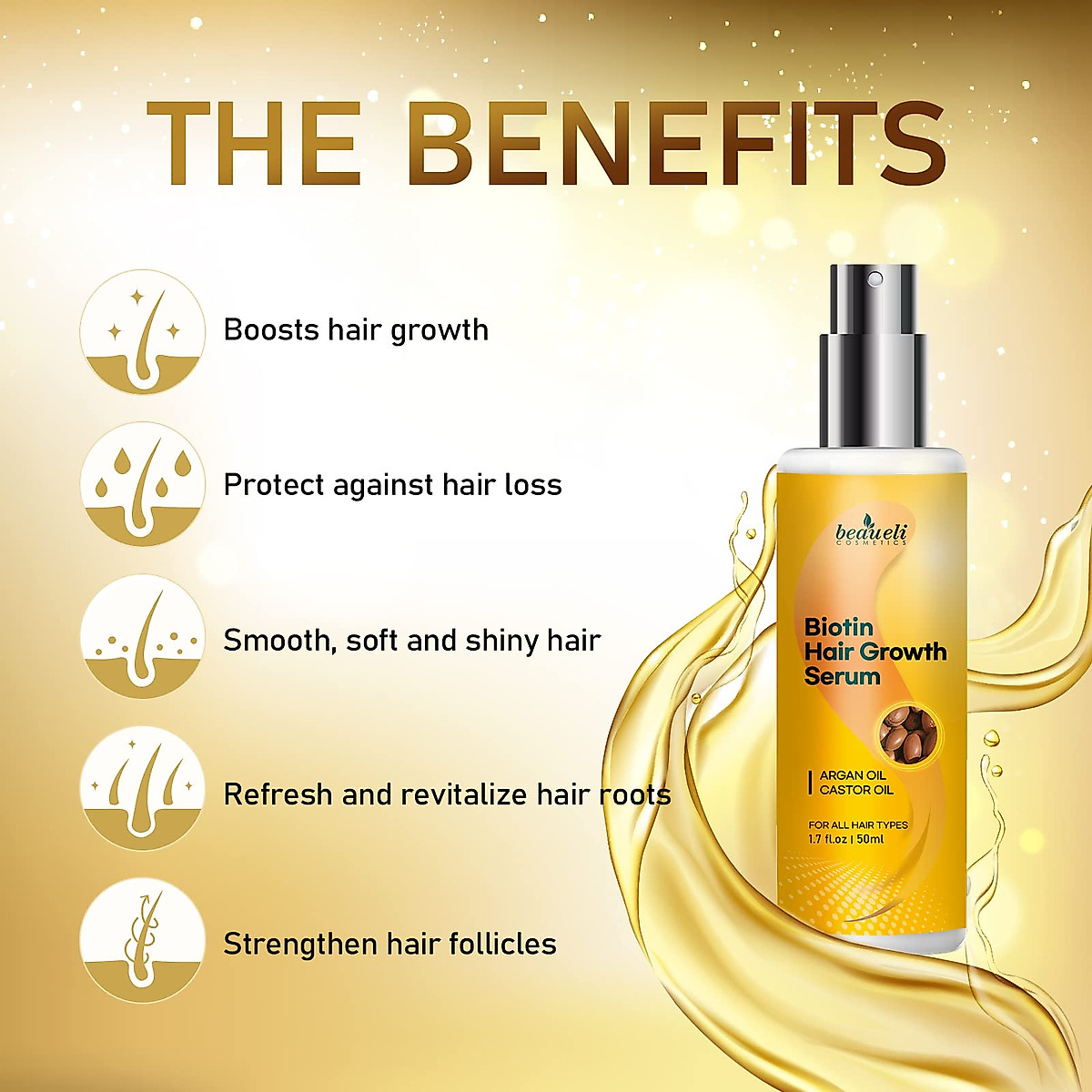 Biotin Hair Growth Serum with Castor Oil, Argan Oil - Hair Loss Prevention Treatment with Hair Regrowth Formula for Women by Beaueli