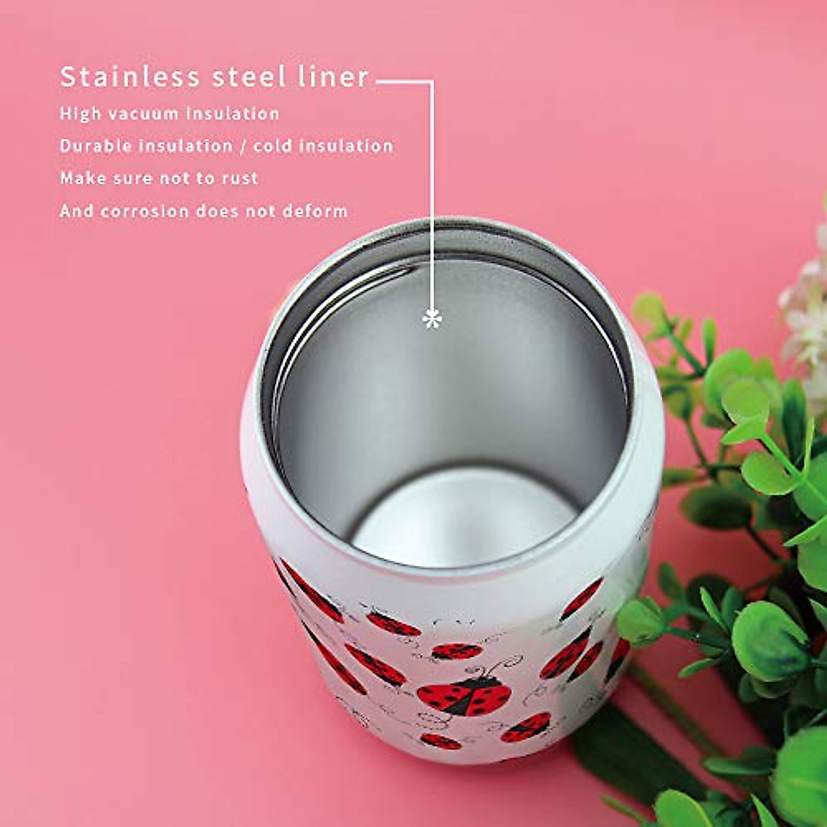 10oz Stainless Steel Tumbler with Lid &amp; Straw-Double Wall Vacuum Insulated Travel Mug,Insect Theme Red Ladybugs Pattern Water Bottle Coffee Beverage Drinks Cup for Adults Kids