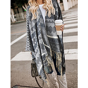 LittleMax Women's Open Front Boho Cardigan Oversized Knitted Shawl Wrap Cape Sweater Plaid Tassel Poncho (Grey-245, One-size)