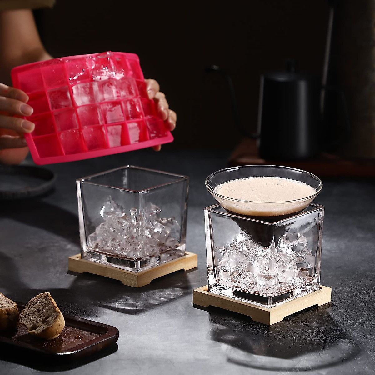 USEEKRIL Stemless Martini Glasses Set of 2 with Caviar Chiller - Martini Glass with Caviar Serve Bowl - Elegant Bar Cocktail Glasses Gift Set for Manhattan,Margarita,Martini,Cosmopolitan