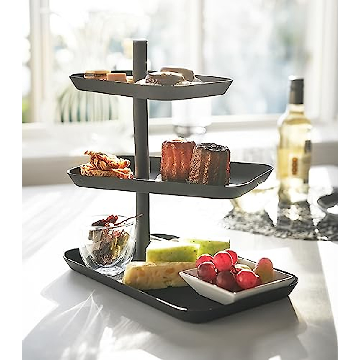 Yamazaki Home 3-Tier Serving Stand - Appetizer Tray Organizer for Party or Kitchen Steel One Size Black