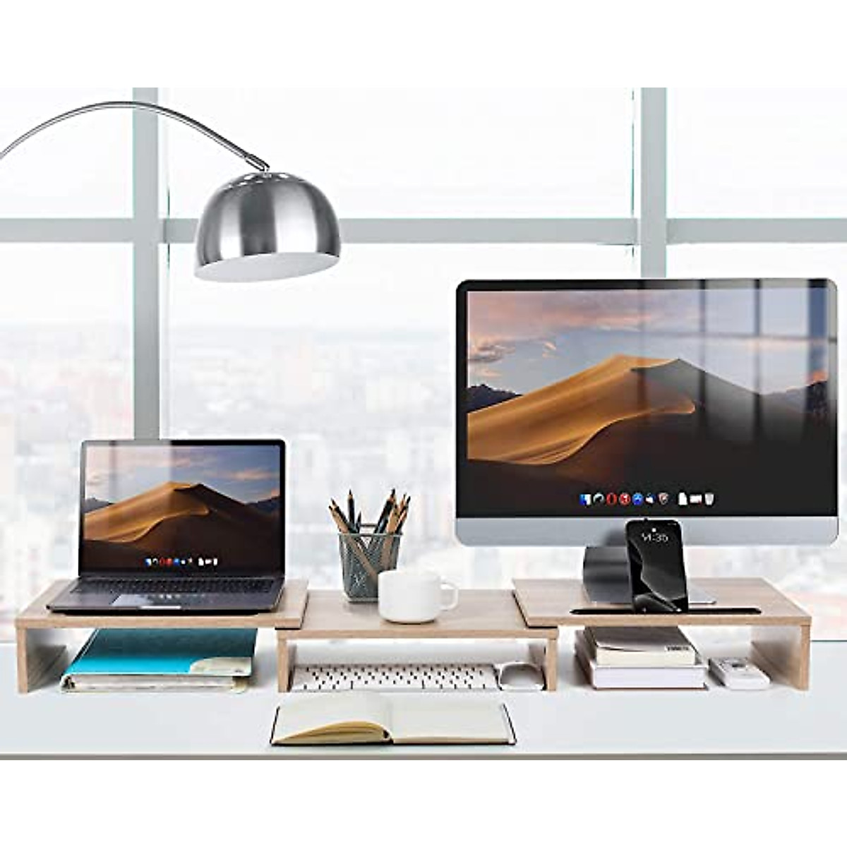 AMERIERGO Dual Monitor Stand -Adjustable Length and Angle Dual Monitor Riser, Computer Monitor Stand w/2 Slot, Desktop Organizer, Monitor Stand Riser for PC, Computer, Laptop (Wood)