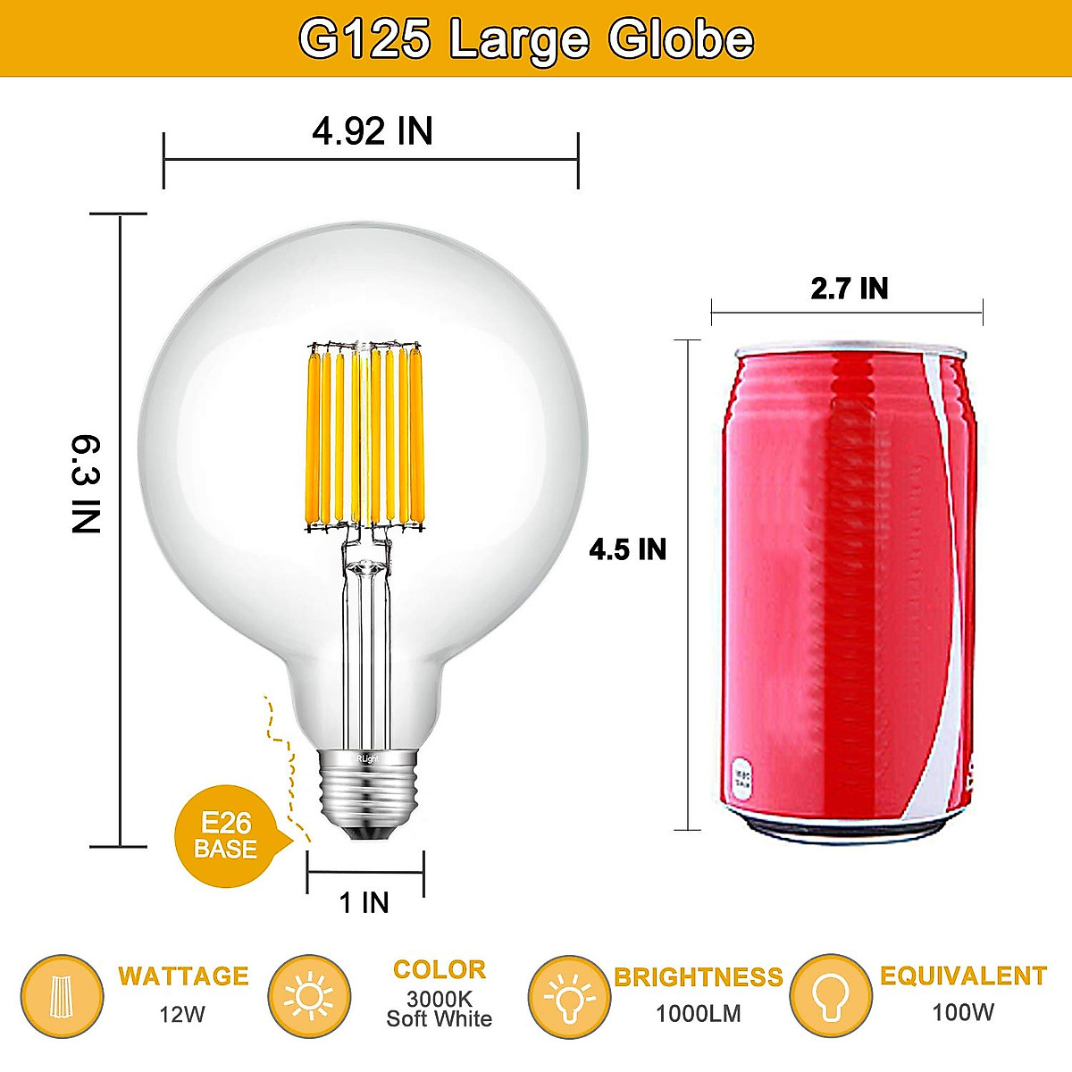 CRLight 12W Dimmable LED Large Globe Bulb 100W Equivalent 1000LM, 3000K Soft White, E26 Antique Edison G125 Large Clear LED Filament Light Bulbs, Smooth Dimming Version
