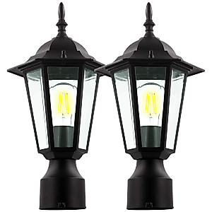 ZJOJO Outdoor Post Light with E26 LED Bulb,Clear Glass Shade Pole Lantern Fixture,Garden,Patio,Pathway,Black,3038,2 Pack