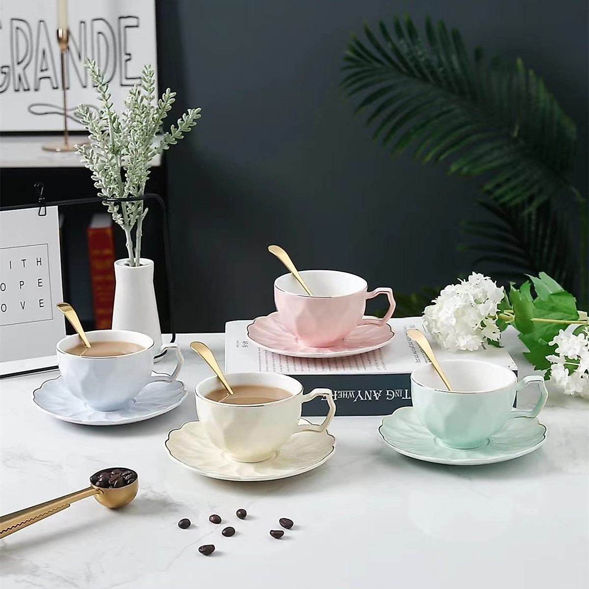 fanquare 3 Piece Porcelain Cup and Saucer Set with Spoon, Vintage Pink Coffee Cup for Latte, Mocha, 7 Ounce