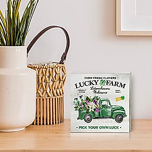 Lucky Farm Shamrock Wood Box Sign Decor Rustic Green Pickup St. Patrick's Day Wooden Box Sign Block Plaque for Wall Tabletop Desk Home Decoration