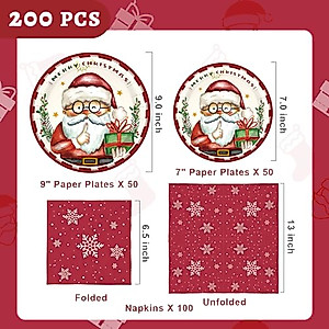 Homlouue 200 PCS Christmas Paper Plates and Napkins, Cute Cartoon Santa Claus Christmas Party Supplies, Christmas Disposable Dinnerware Set, Watercolor Holiday Party Plates for Christmas Serves 50