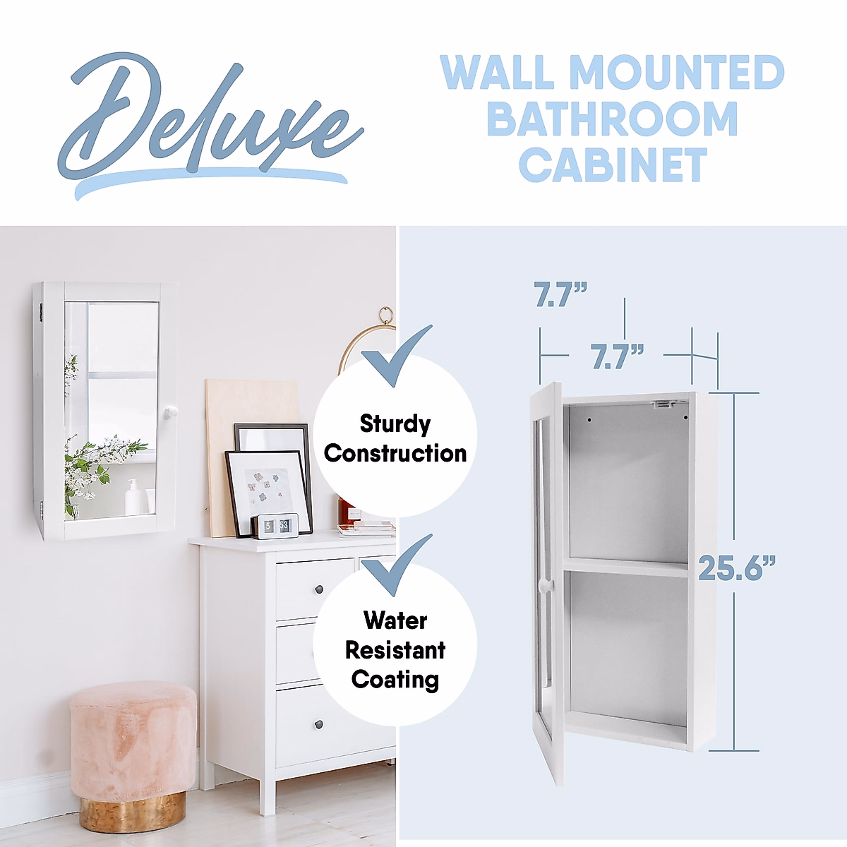 MICRODRY Mirrored Wall Mounted Bathroom Cabinet with Shelves, Stay Closed Magnetized Door, Compact Sylish and Functional Design, Durable and Easy to Assemble, White