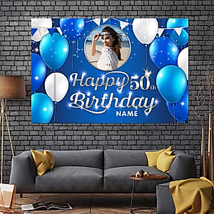 Custom Navy Blue Happy 50th Birthday Decoration Banner - Personalized with Photos and Names