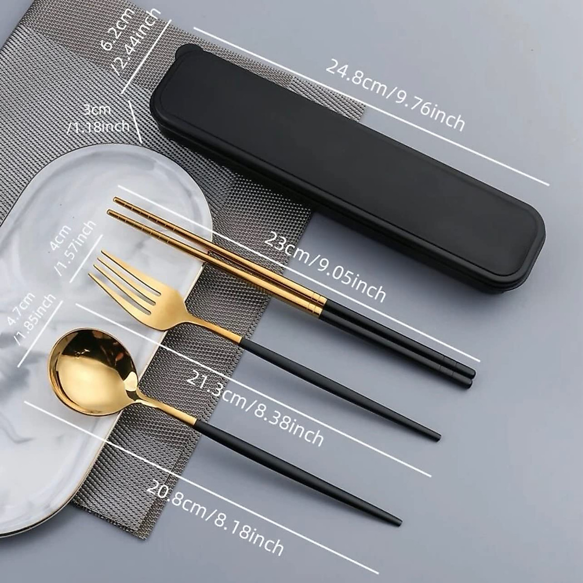 Black and Gold Cutlery Set with Cases Stainless Steel Flatware Set Portable Reusable Cutlery Set Travel Utensils Set Including Chopsticks Knife Spoon and Case