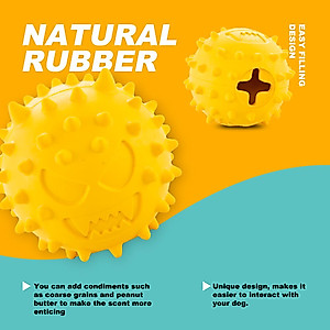 TSPRO Dog Toys Squeaky and Leaky Food Ball 2 Pack Natural Rubber Dog Toy Interactive Slow Feeder Treat Dispensing Dog Toys for Small Dogs, Real Beef Flavor, for Puppies (Yellow, Blue)