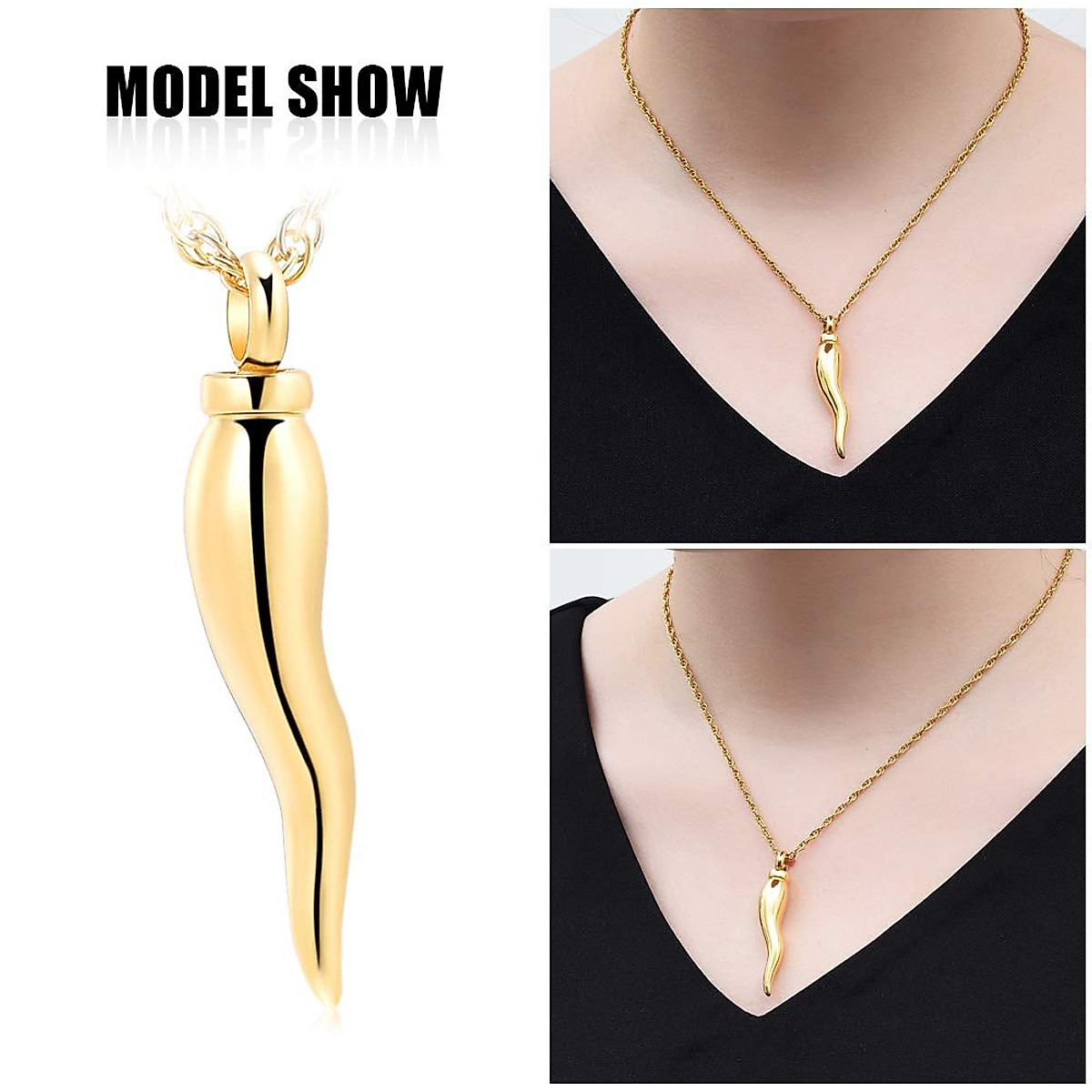 Cremation Jewelry Italian Horn Urn Necklaces for Ashes for Women Men Memorial Keepsake Necklace for Human Pet Ashes (Gold)