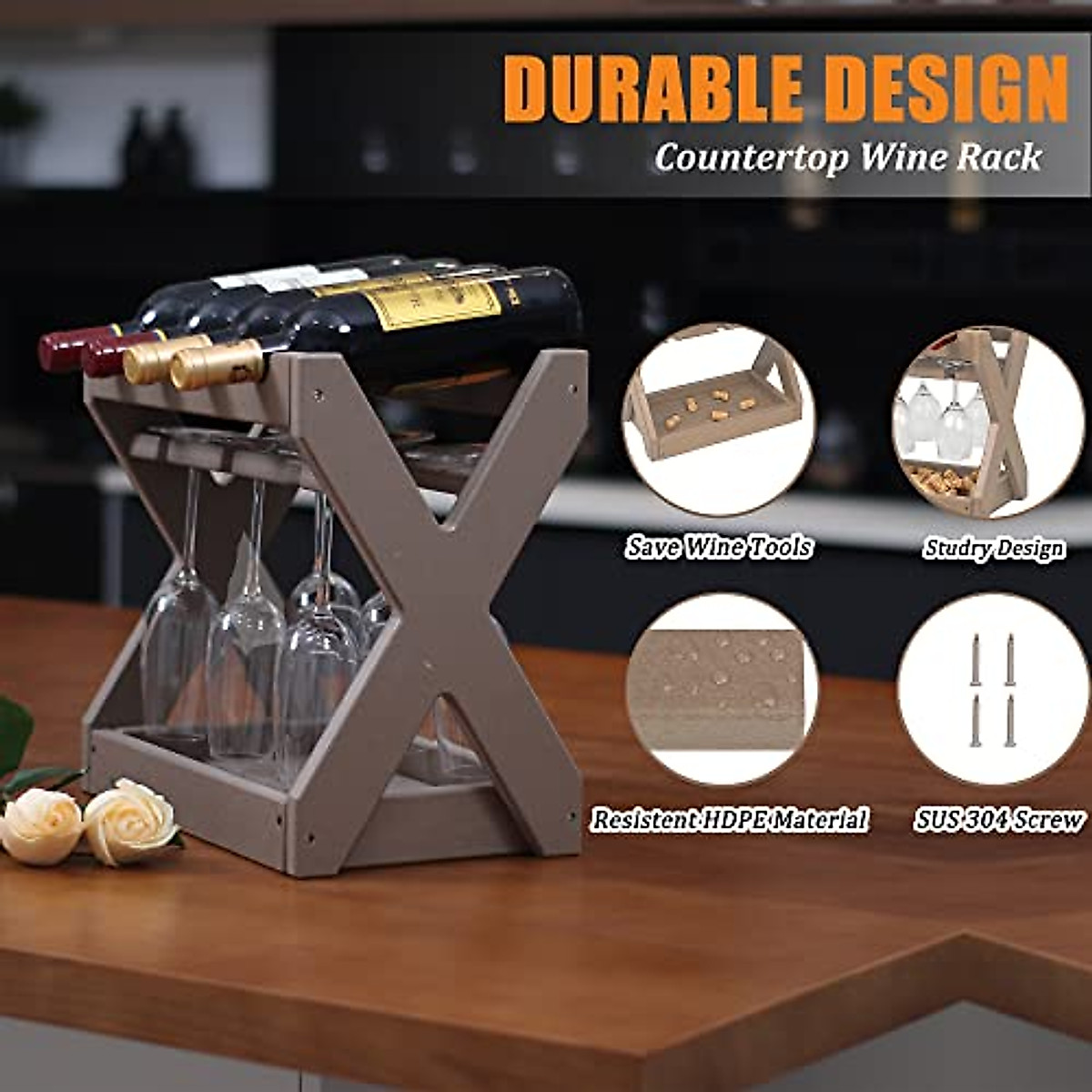 KORVOS Countertop Wine Racks with Glass Holder，4 Bottles Small Wine Rack,High-Density PE Tabletop Wine Bottle Holder for Kitchen, Living Room, Wine Cellar,Bar(Apricot Color)